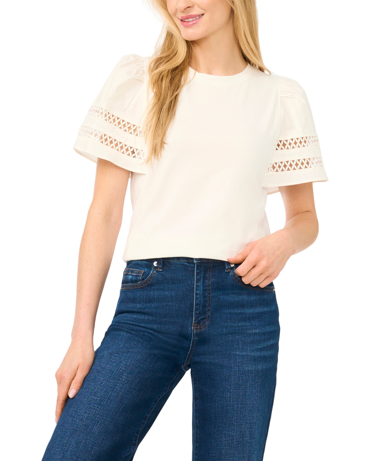 Click here for CeCe Womens Combo Trim-Sleeve Crew Neck Top - New... prices