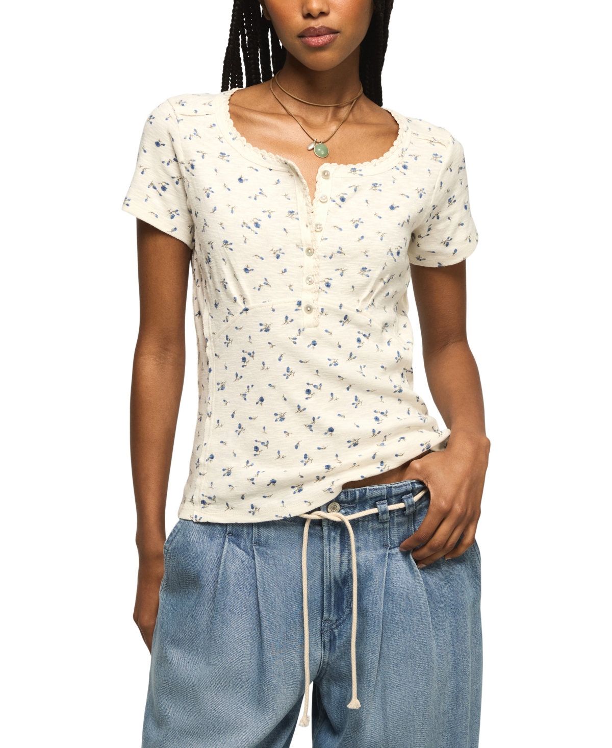 Click here for Lucky Brand Womens Crochet Trim Short-Sleeve Henle... prices