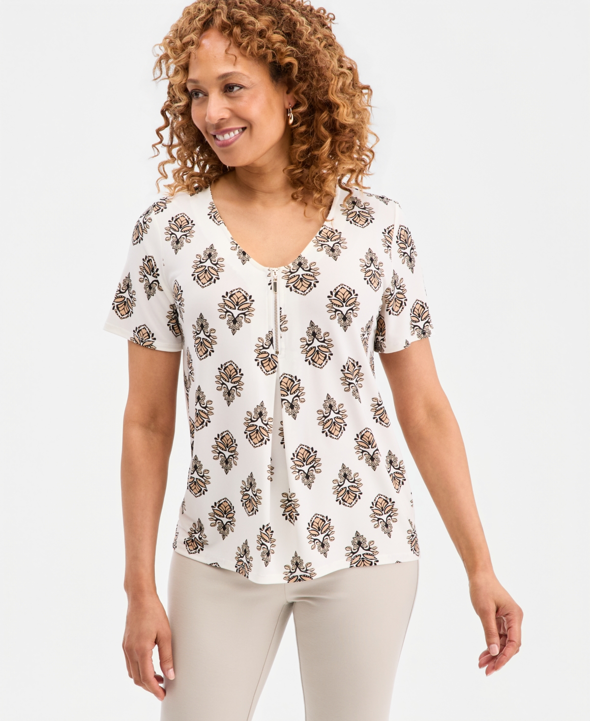 Click here for Jm Collection Womens V-Neck Front-Zip Pleated Top... prices