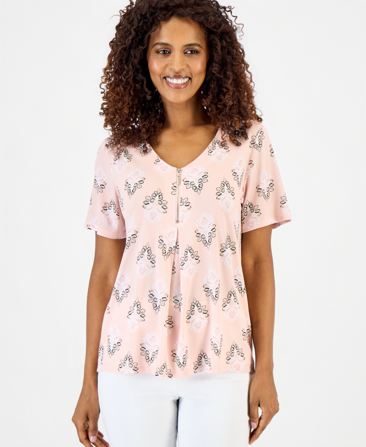 Click here for Jm Collection Womens V-Neck Front-Zip Pleated Top... prices