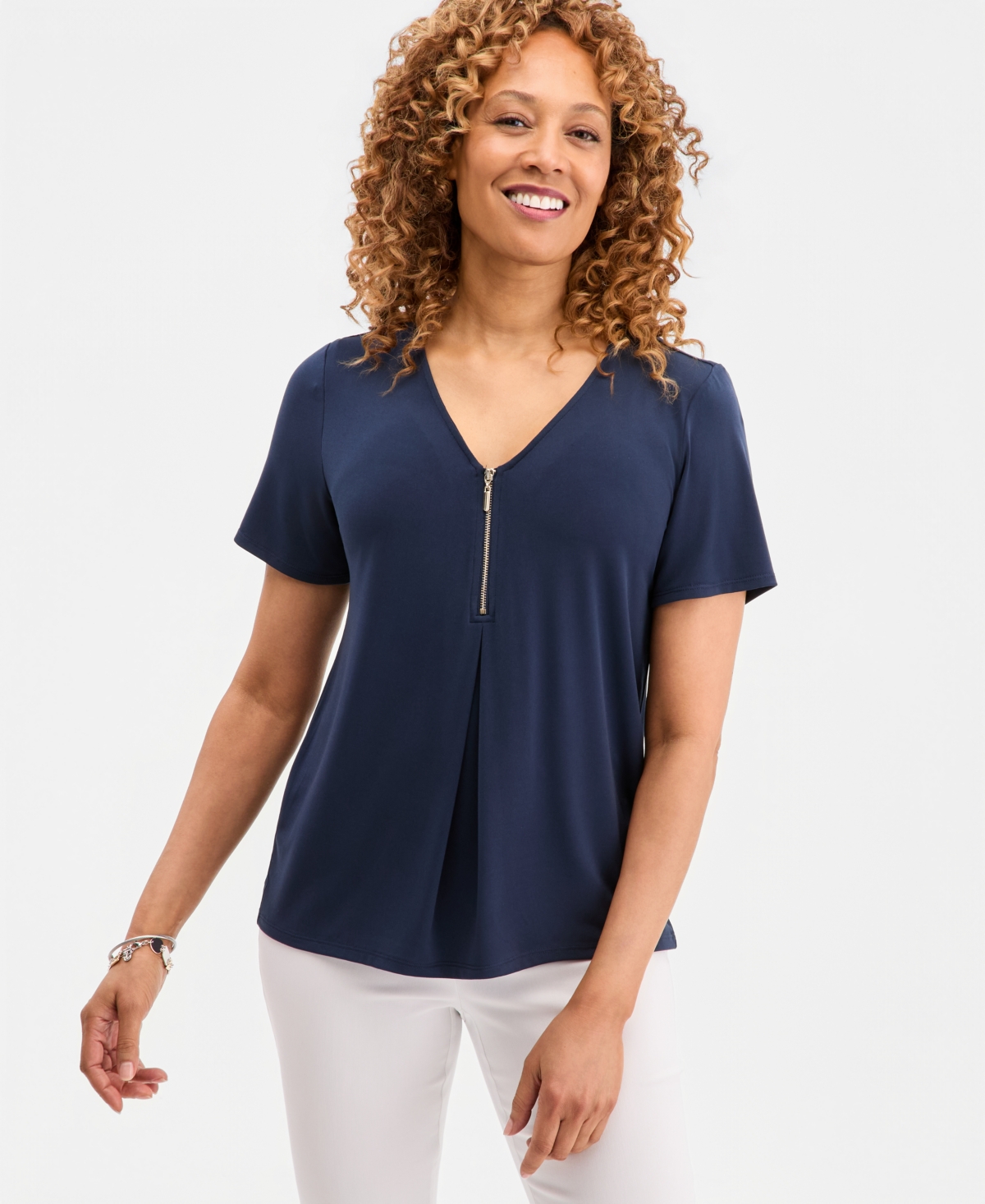 Click here for Jm Collection Womens V-Neck Front-Zip Pleated Top... prices