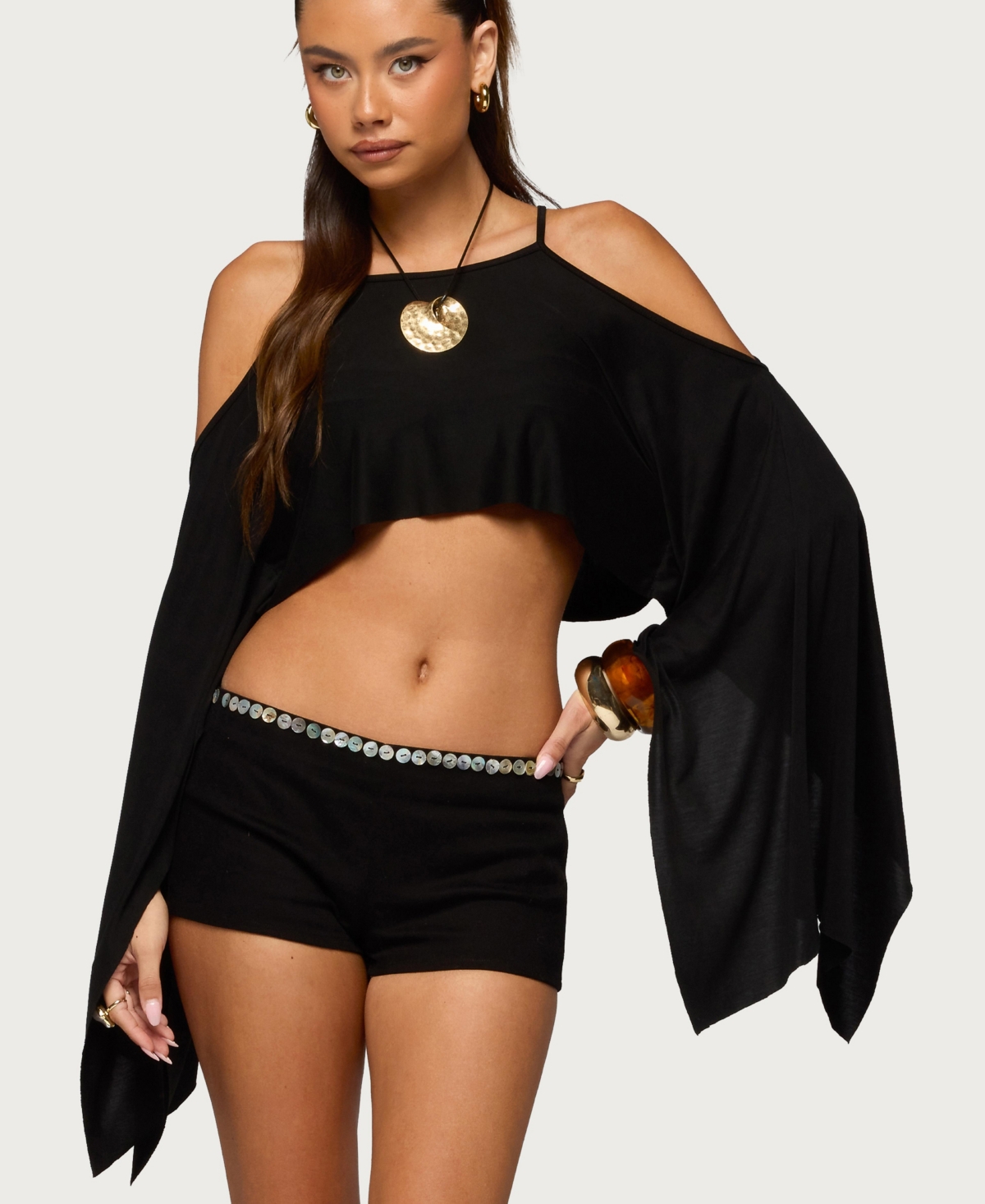Click here for Edikted Womens Ivanna Cutout Cape Cropped Top - Bl... prices