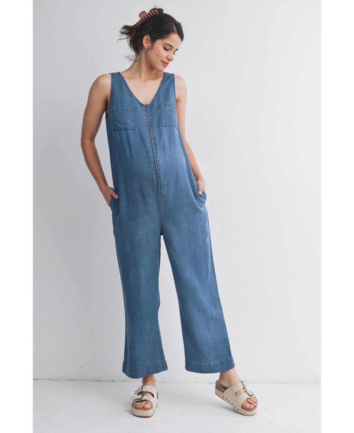 Click here for Hello Miz Maternity Front Zip Sleeveless Jumpsuit... prices