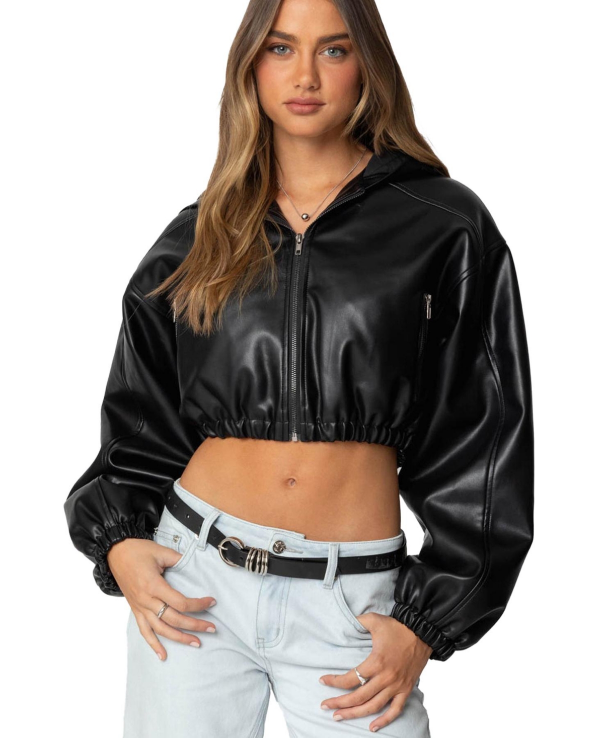 Click here for Edikted Womens Hooded Faux Leather Cropped Jacket... prices