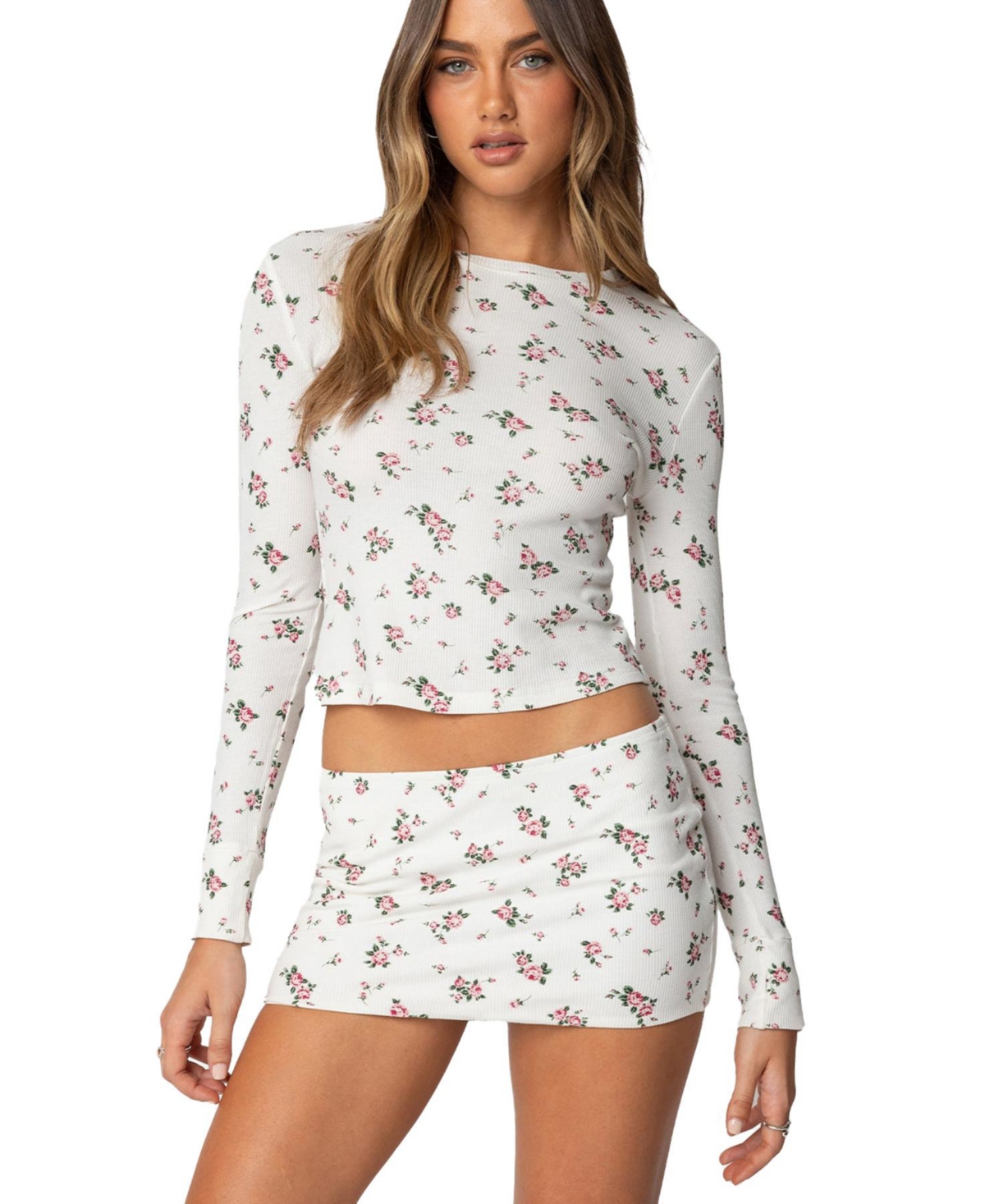 Click here for Edikted Womens Melany Floral Waffle T Shirt - Crea... prices