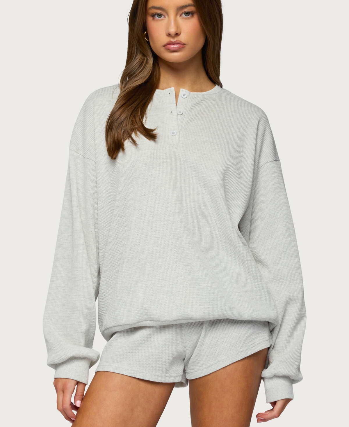 Click here for Edikted Womens Baila Waffle Henley Top - Light-gra... prices