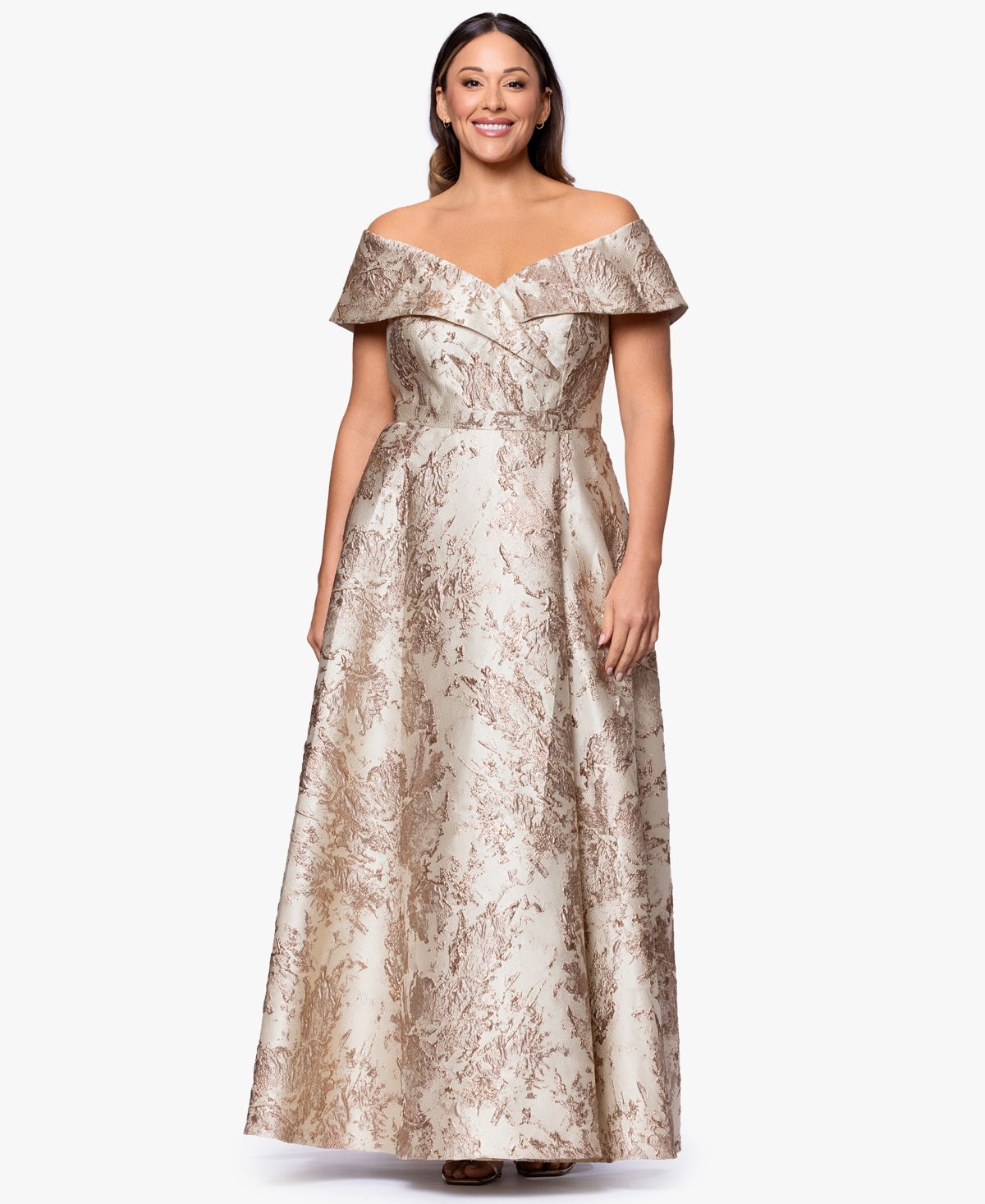 Click here for Xscape Plus Size Off-The-Shoulder Metallic Jacquar... prices