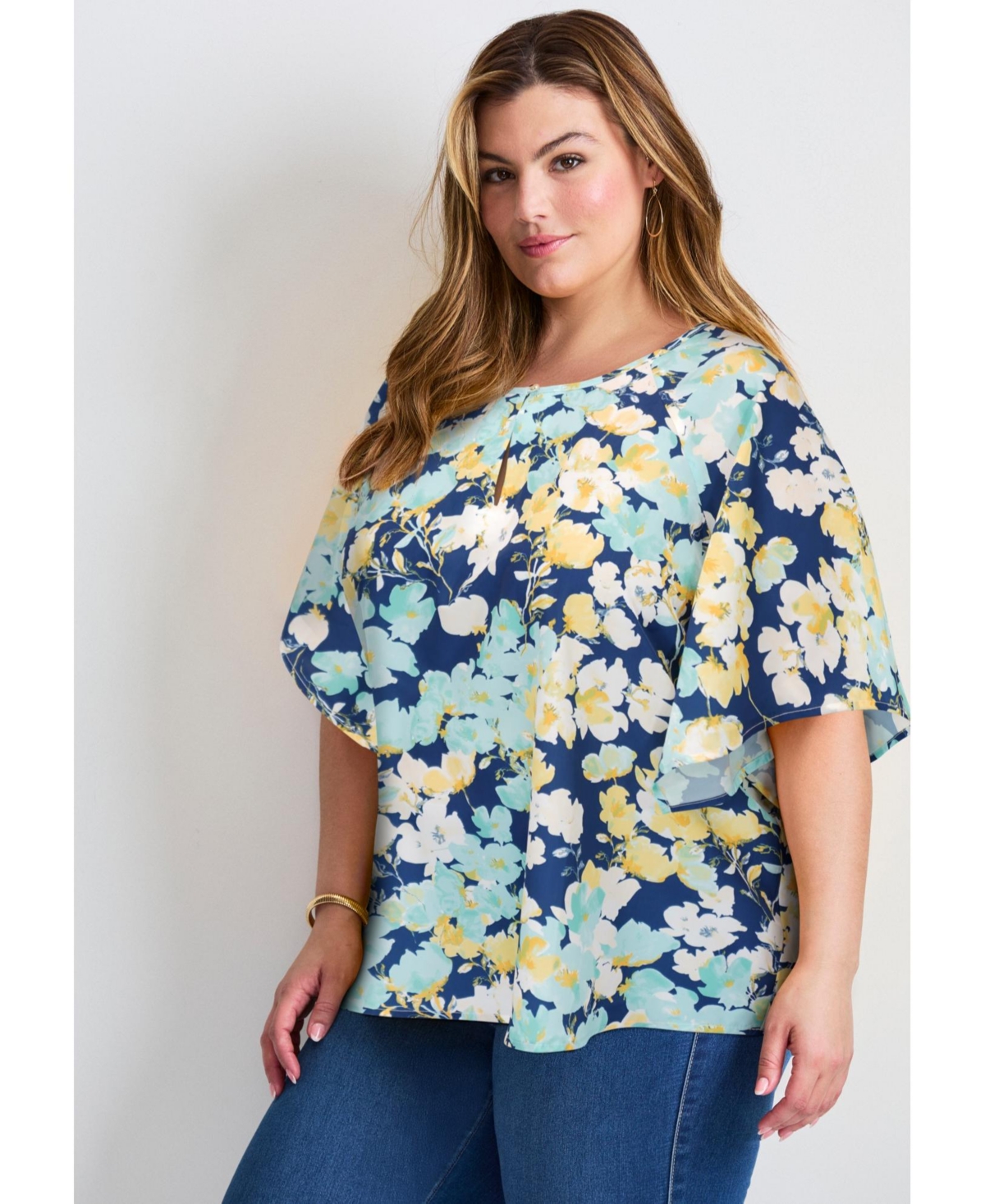 Click here for Avenue Womens Flutter Sleeve Keyhole Blouse - Blue... prices