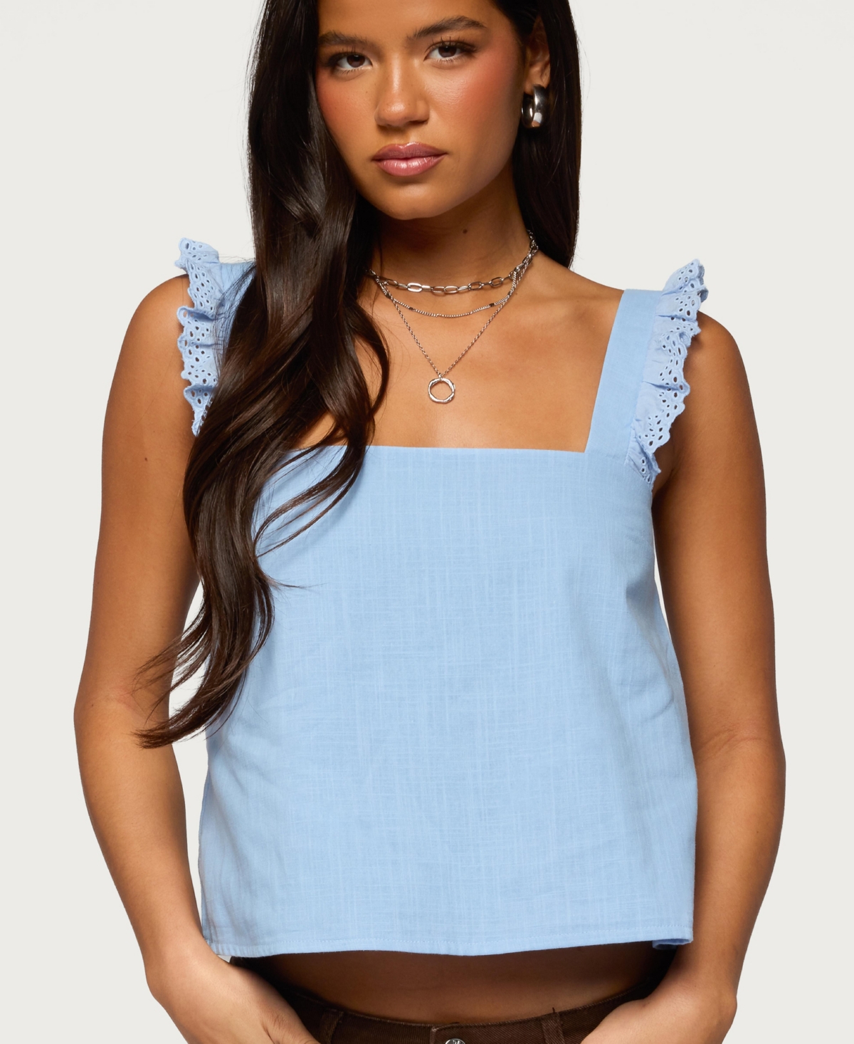 Click here for Edikted Womens Viviana Linen Look Top - Light-blue prices