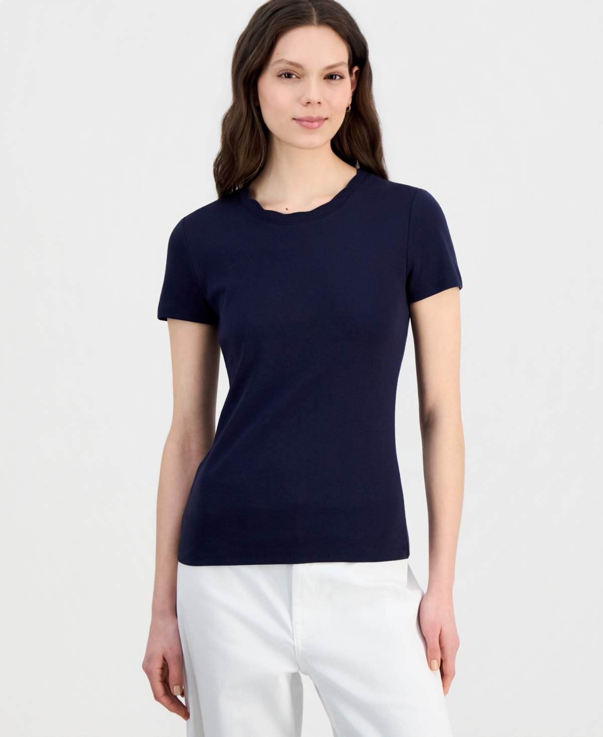 Click here for Nautica Womens Scallop-Trim Cotton Short-Sleeve T-... prices