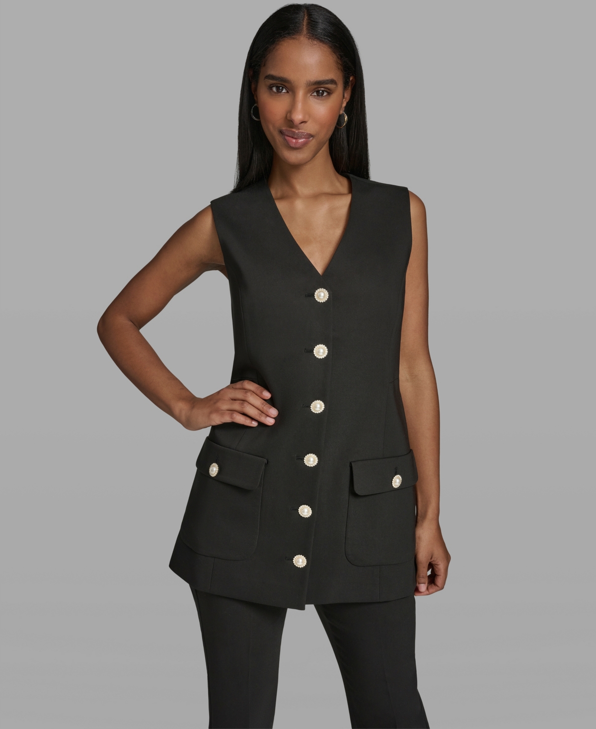 Click here for Karl Lagerfeld Paris Womens V-Neck Woven Vest - Bl... prices
