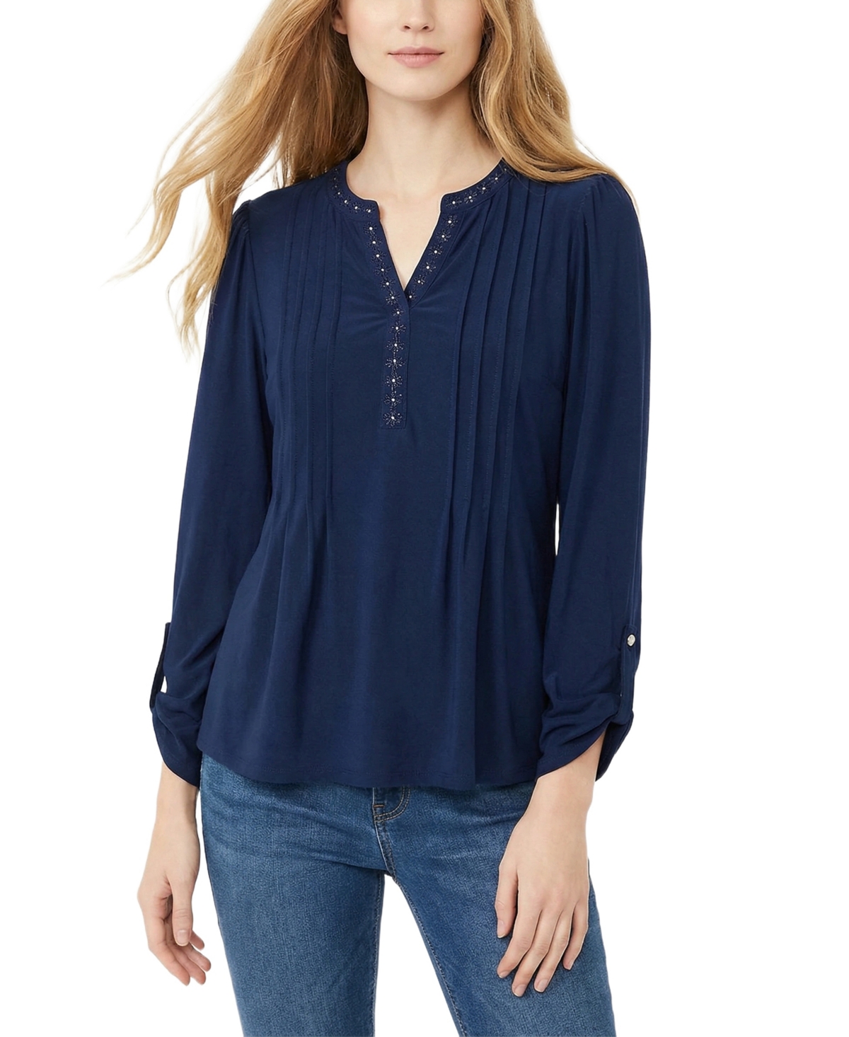 Click here for Ny Collection Petite Long Sleeve Pleat Front Roll... prices