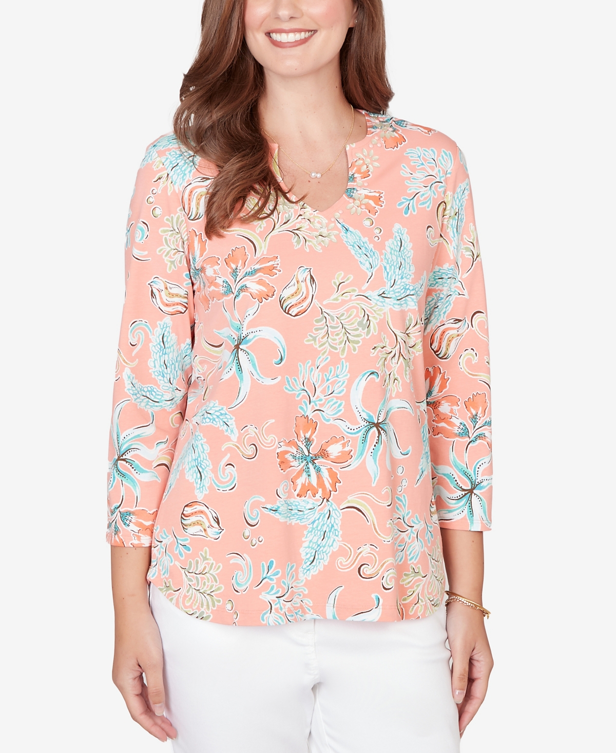 Click here for Ruby Rd. Petite Embellished Oceania Floral Knit To... prices