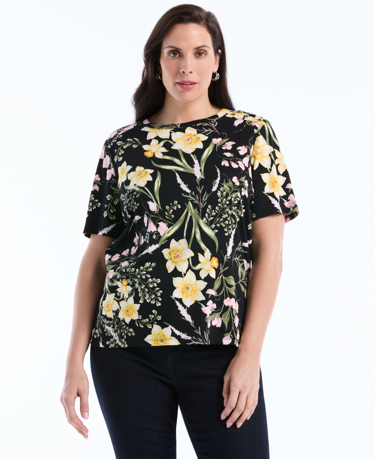 Click here for Rafaella Plus Size Garden Print Button Detail Shor... prices