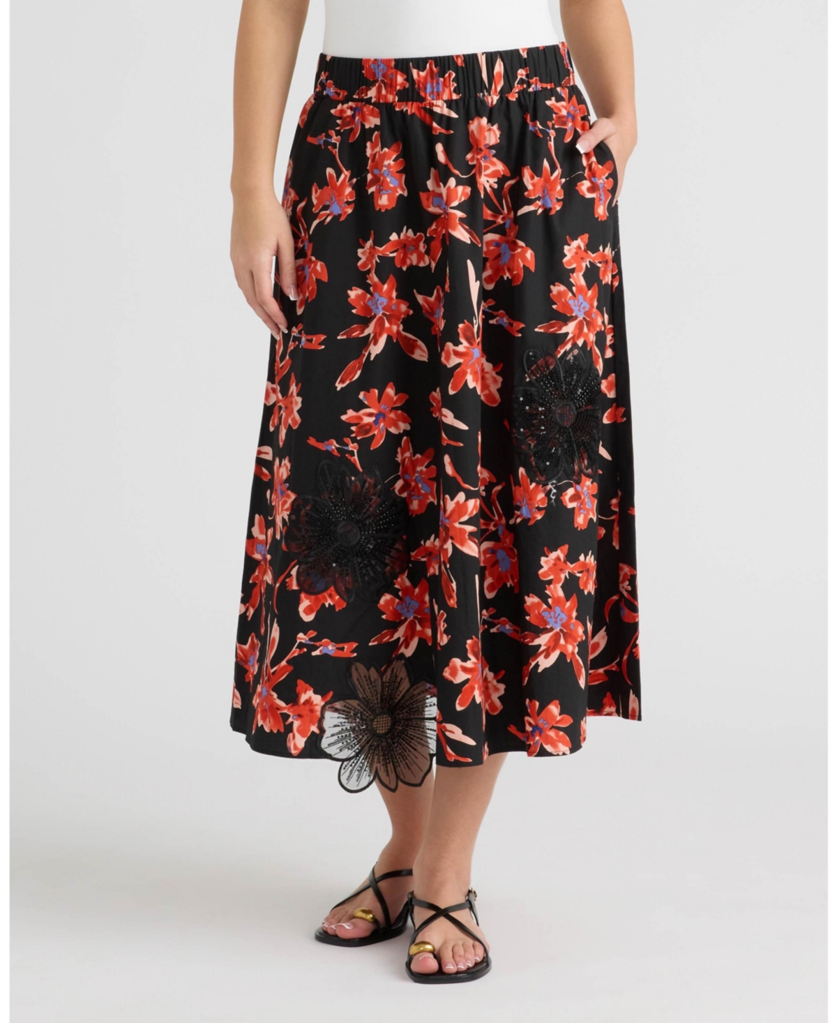 Click here for Nvlt Womens Floral Applique Midi Skirt - Midnight... prices