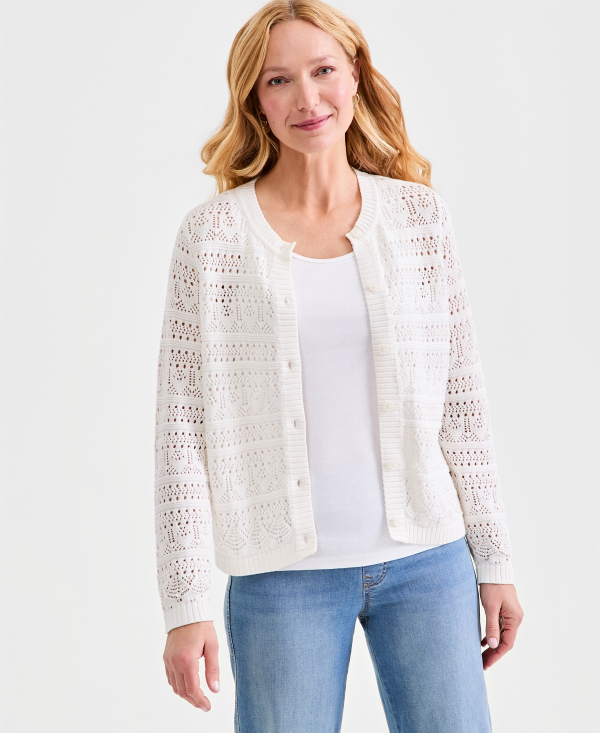 Click here for Style & Co Womens Cotton Pointelle Cardigan Sweate... prices