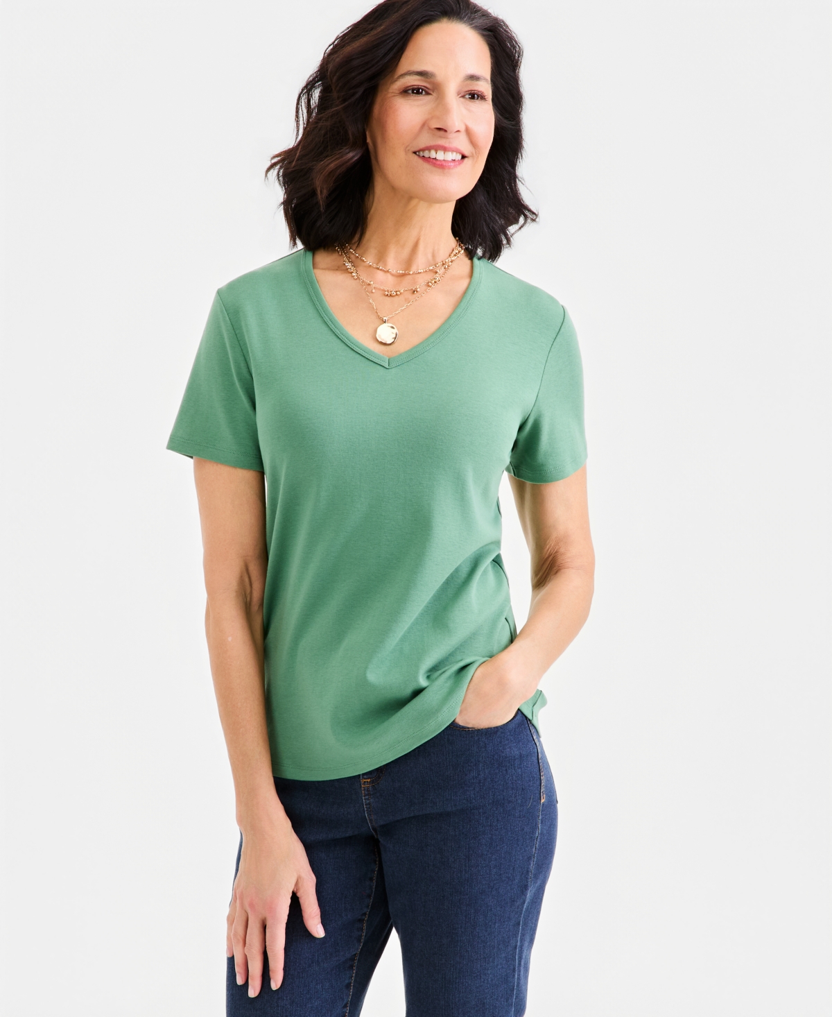 Click here for Style & Co Womens Cotton Short Sleeve V-Neck Top... prices