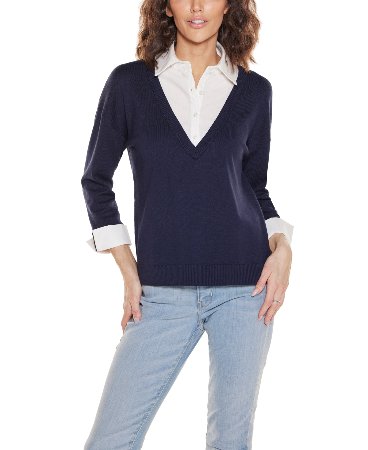 Click here for Belldini Womens Woven Collar Twofer Sweater - Navy... prices