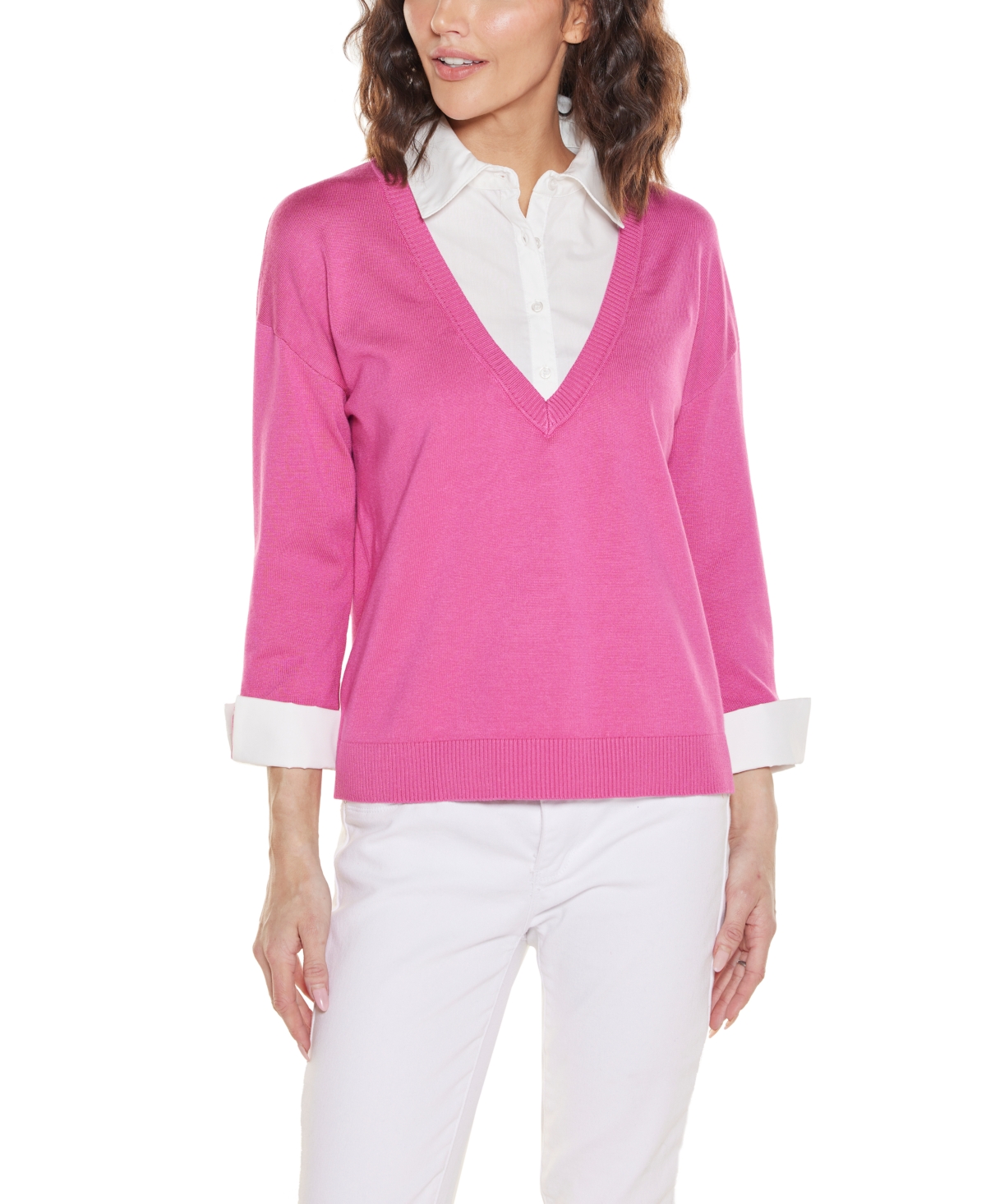 Click here for Belldini Womens Woven Collar Twofer Sweater - Rose... prices