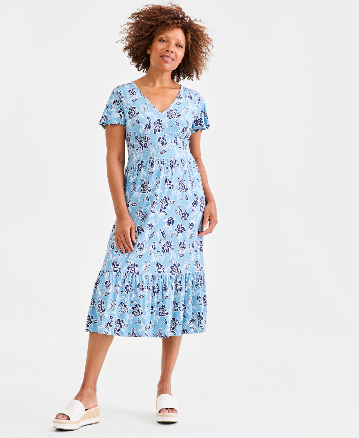 Click here for Style & Co Womens Printed V-Neck Tiered Midi Dress... prices