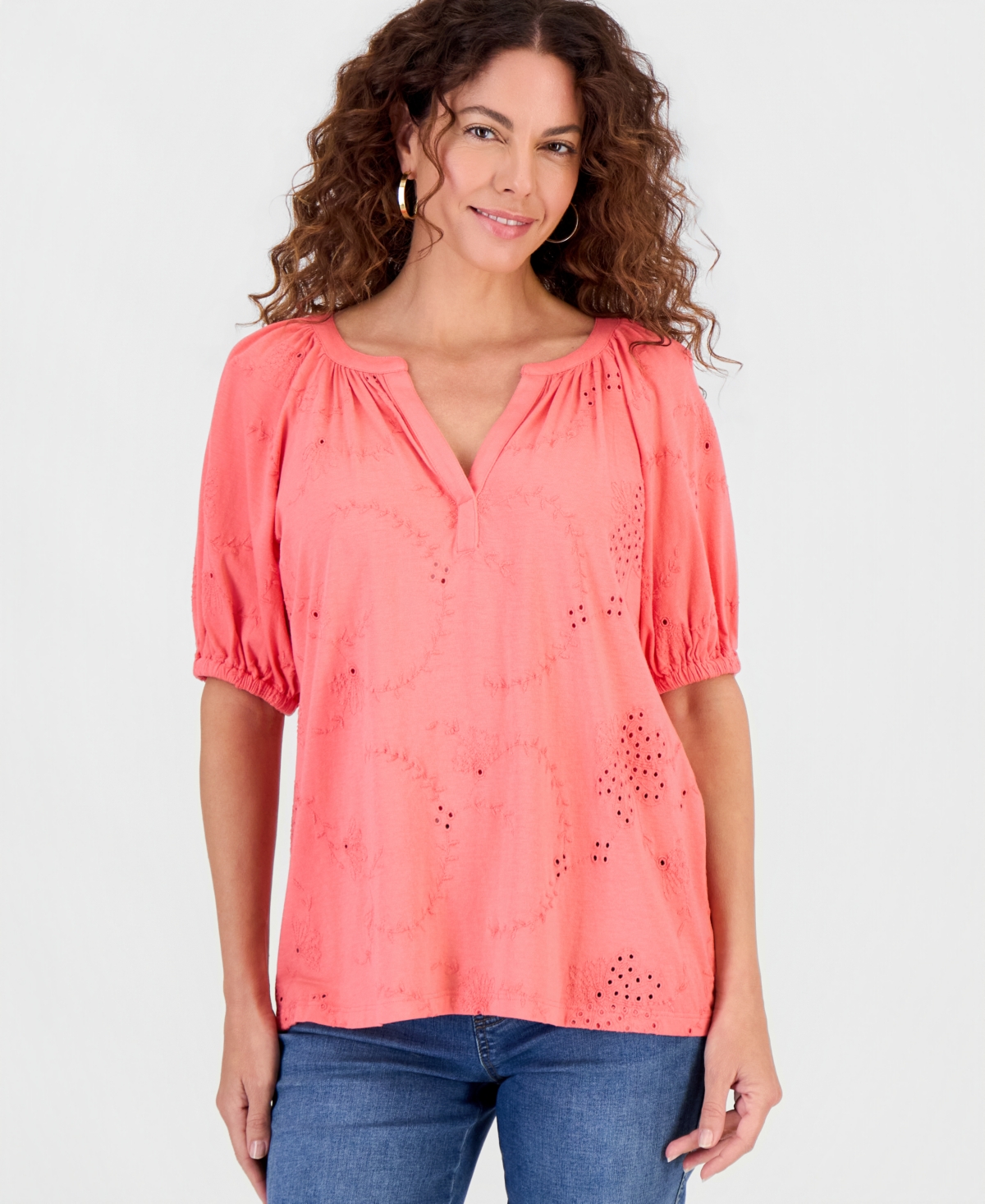 Click here for Style & Co Petite Short Flutter-Sleeve Eyelet Top... prices