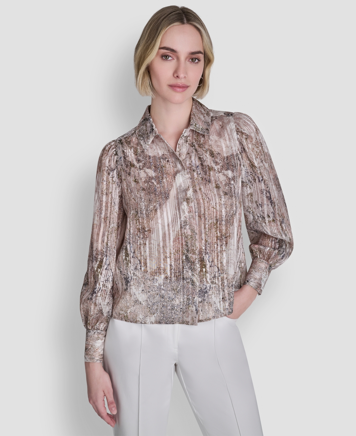 Click here for Dkny Petite Printed Long-Sleeve Top - Coconut/Trav... prices