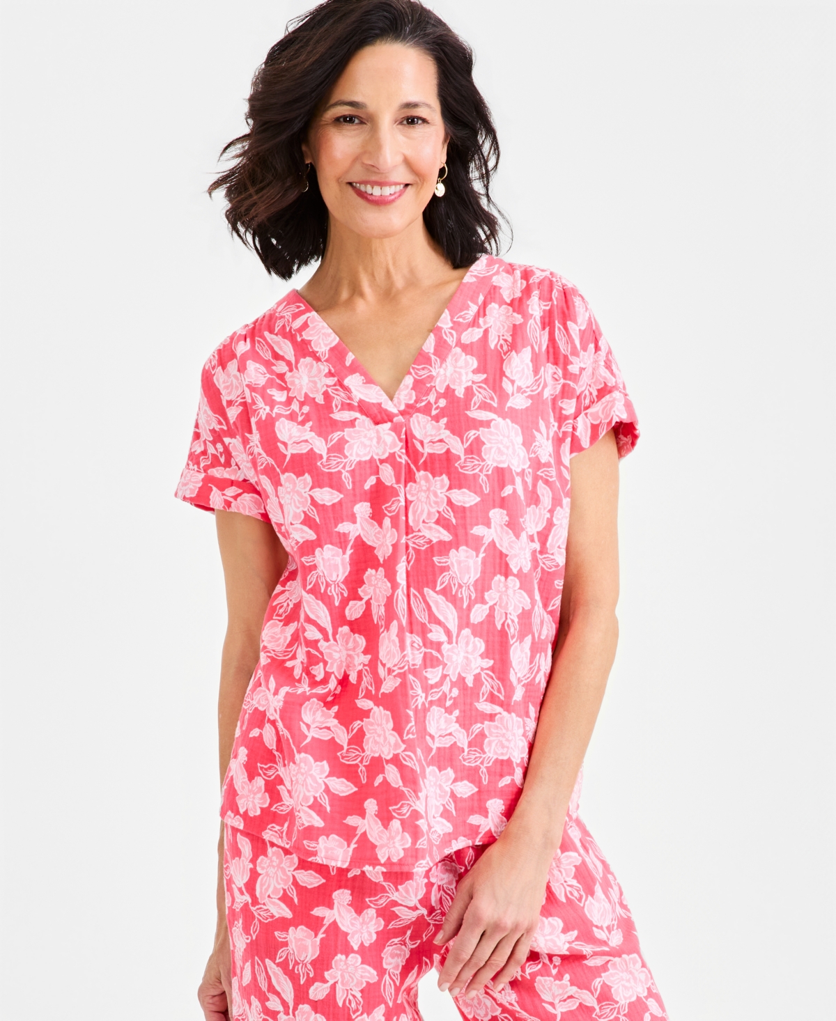 Click here for Style & Co Womens Cotton Gauze V-Neck Short-Sleeve... prices