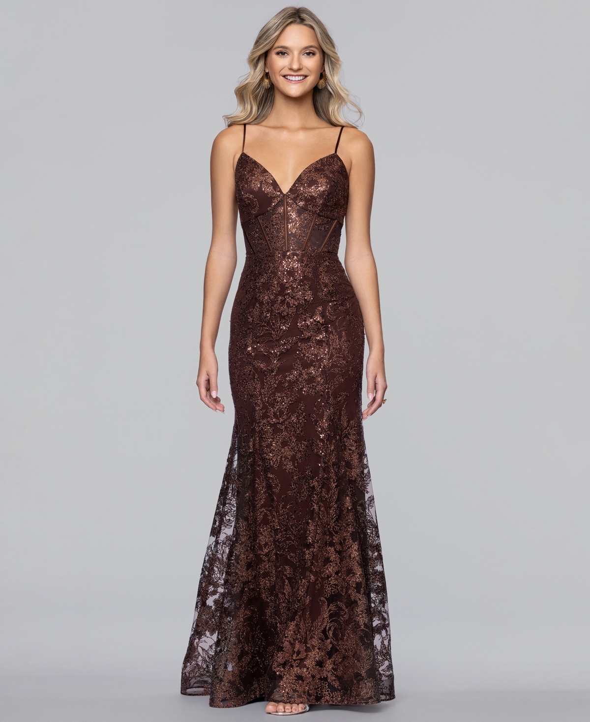 Click here for Blondie Nites Juniors V-Neck Glitter Lace-Up Gown... prices
