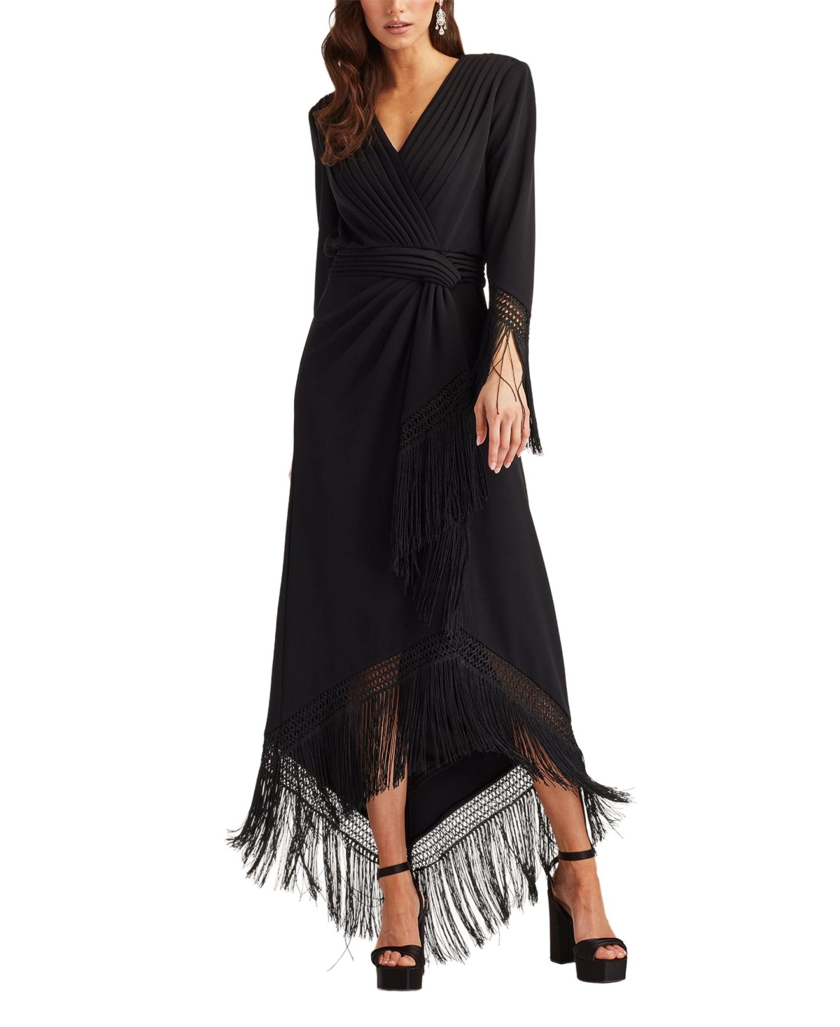 Click here for Tadashi Shoji Womens Azie Fringe Midi Dress - Blac... prices