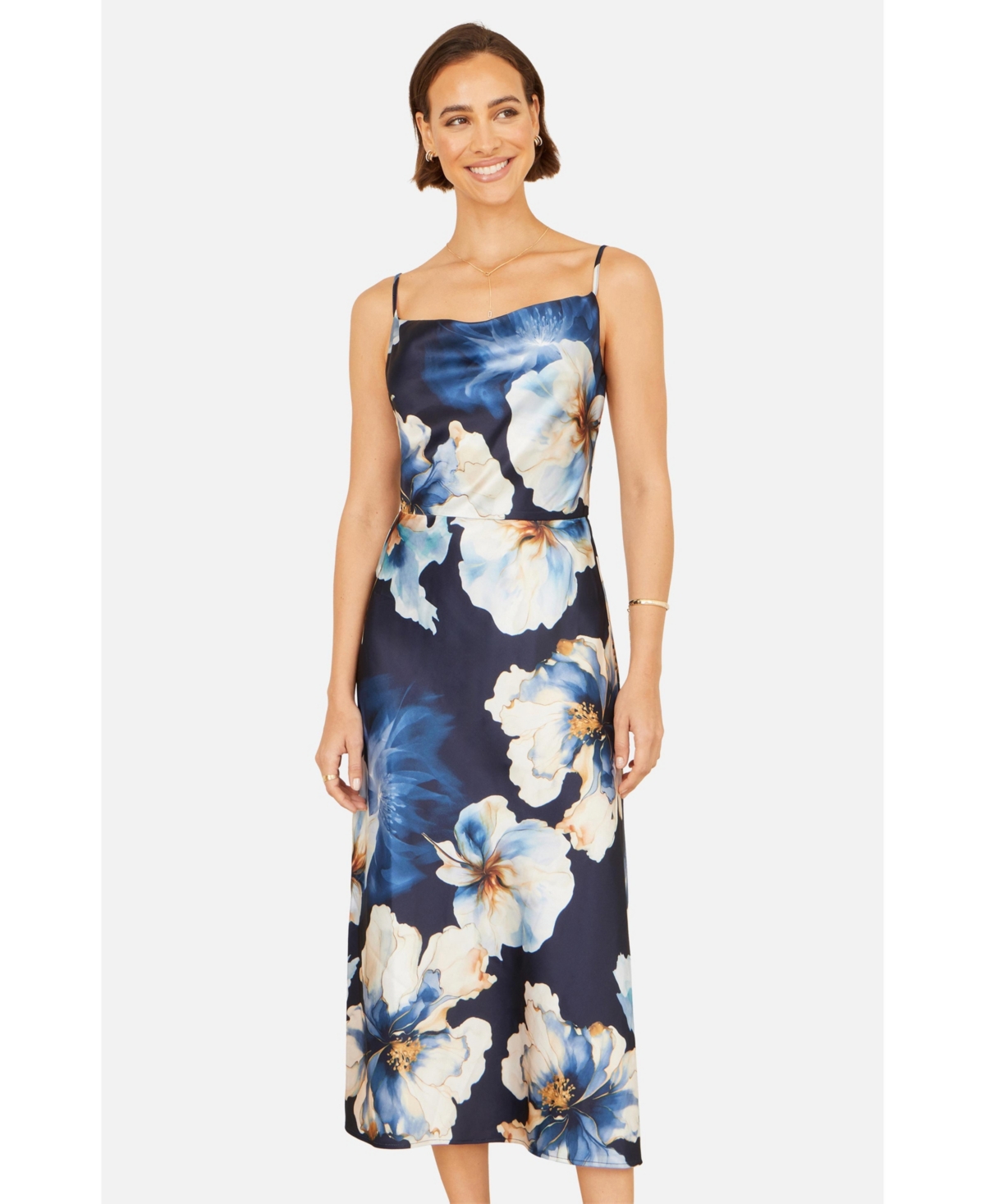 Click here for Yumi Womens Cowl Neck Satin Floral Dress - Navy prices