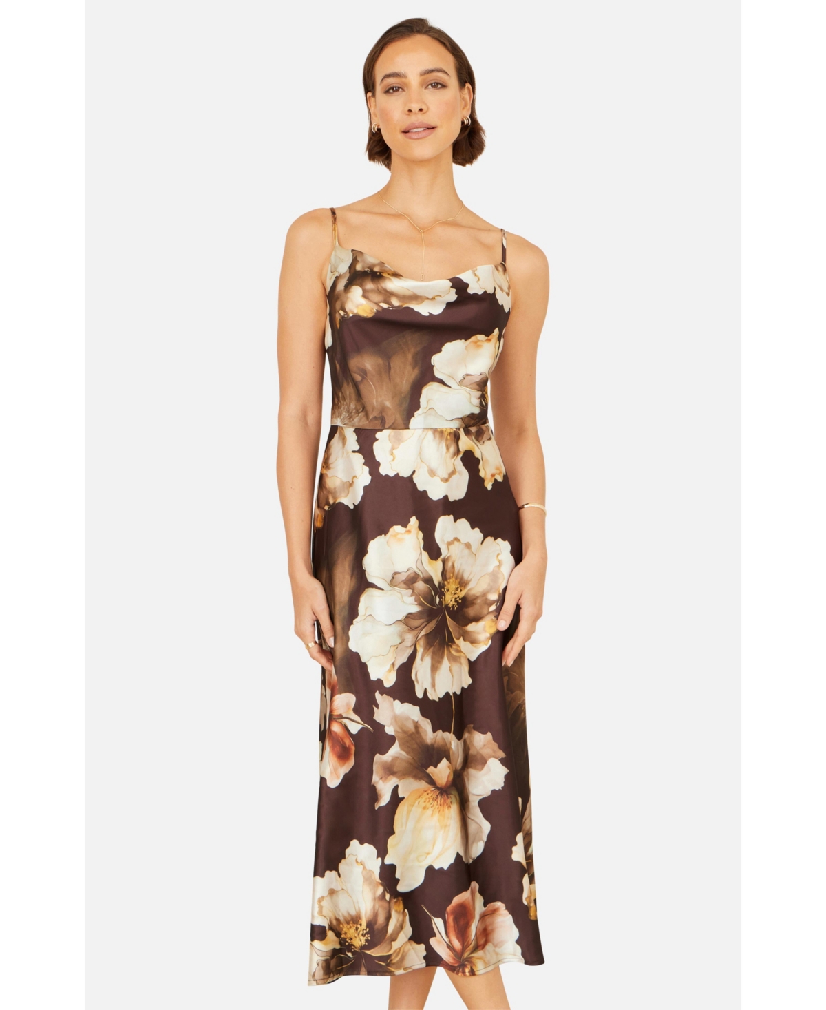 Click here for Yumi Womens Cowl Neck Satin Floral Dress - Brown prices