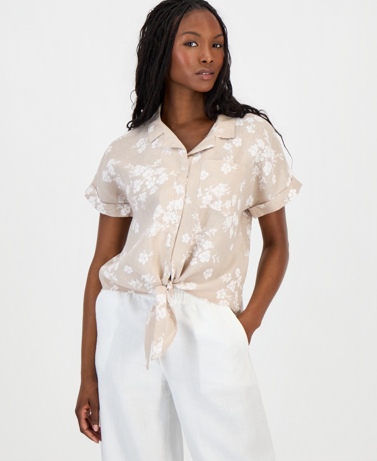 Click here for Charter Club Petite Linen Tie-Front Top  Exclusive... prices