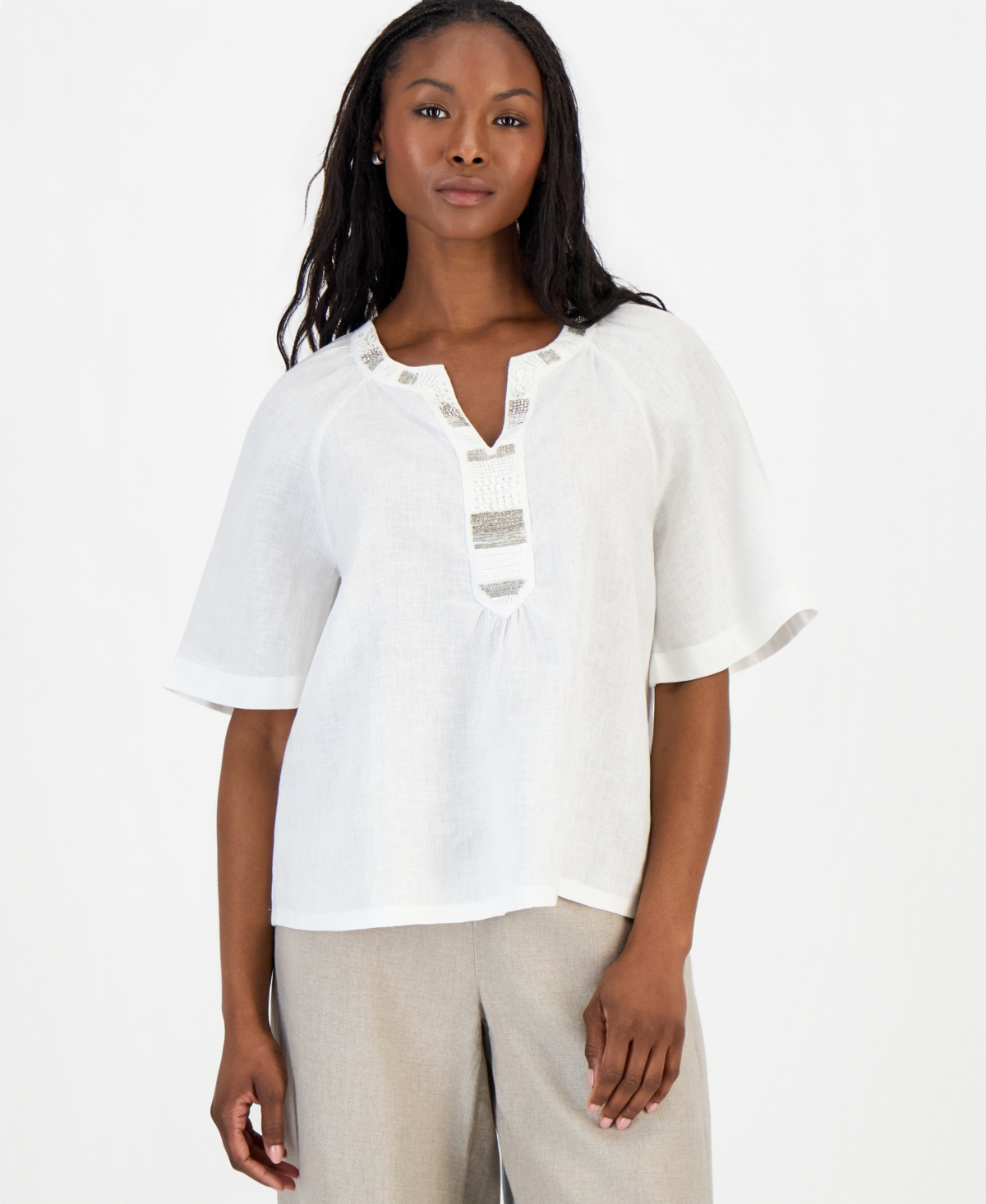 Click here for Charter Club Petite Bead-Embellished Linen Top  Ma... prices