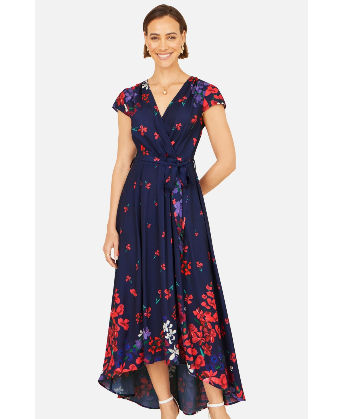 Click here for Yumi Womens Floral Mirror Dip Hem Wrap Dress - Nav... prices