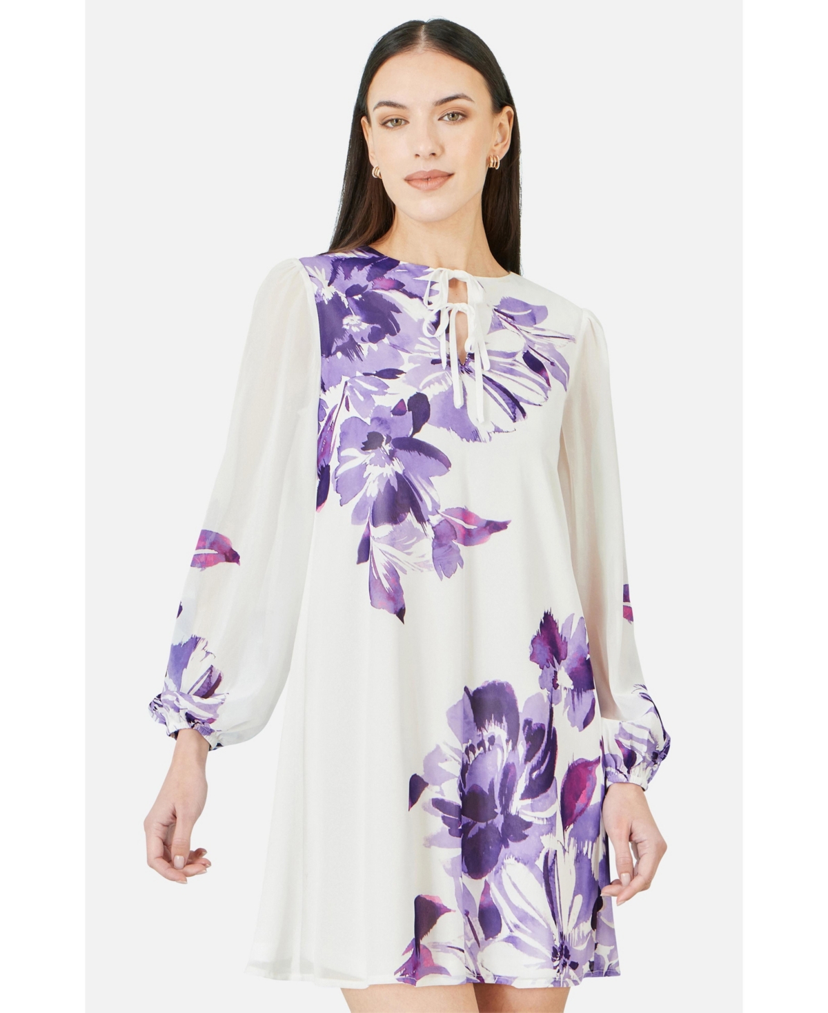 Click here for Yumi Womens Keyhole Neck Floral Tunic Dress - Purp... prices