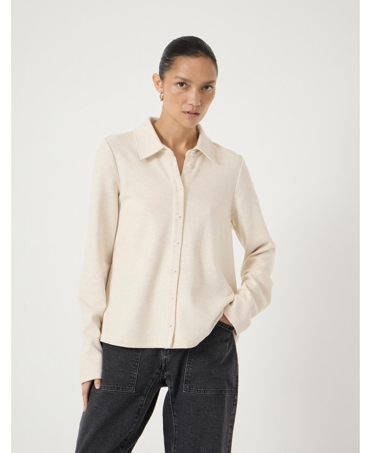 Click here for Hush Womens Button A-Line Polo Top - Oatmeal marl prices