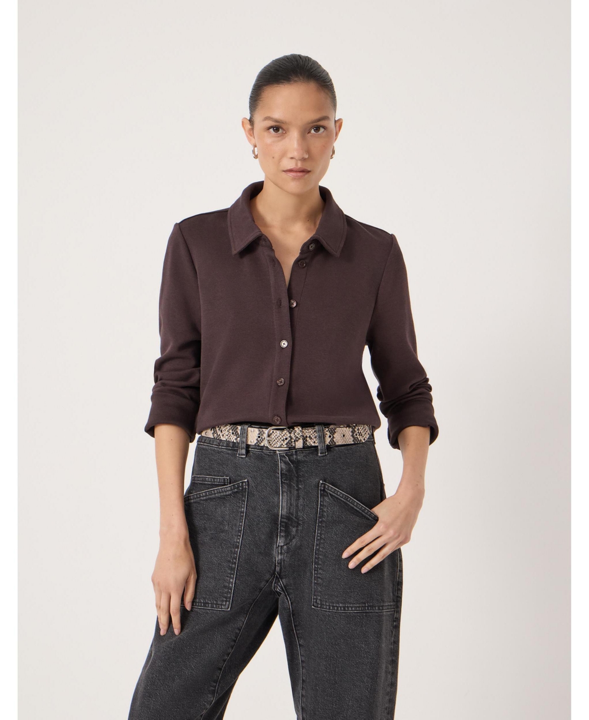 Click here for Hush Womens Button A-Line Polo Top - Plum purple prices