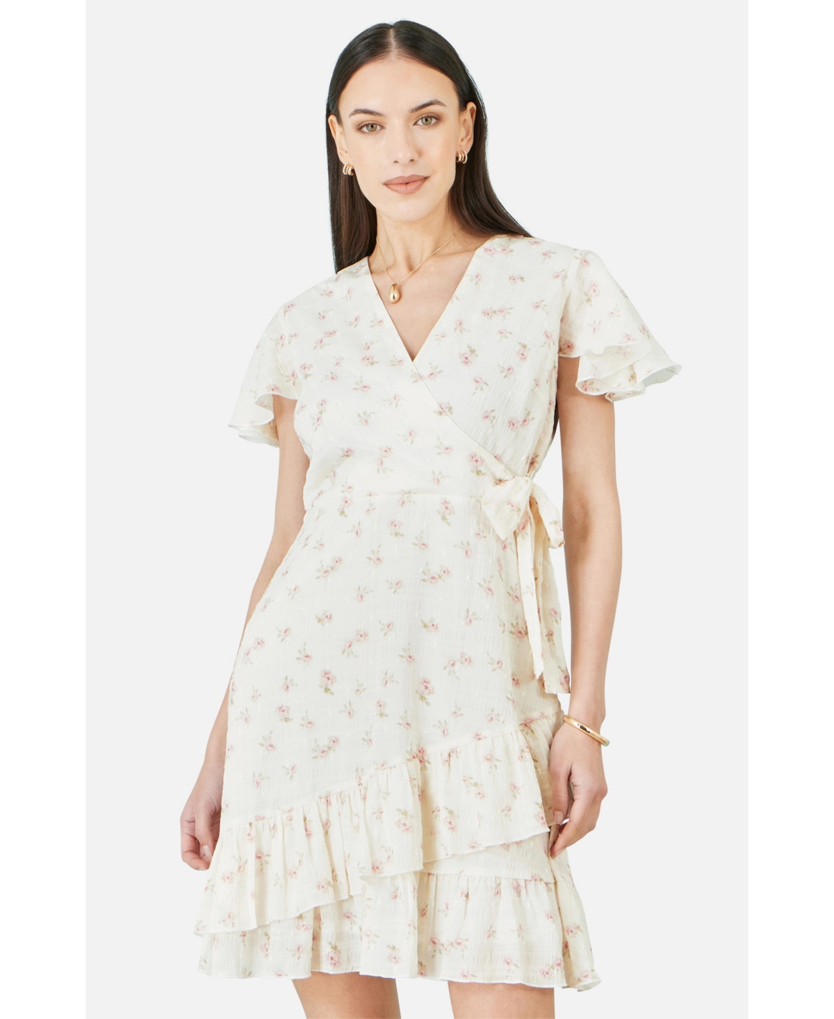 Click here for Yumi Womens Rose Print Wrap Over Frill Dress - Whi... prices