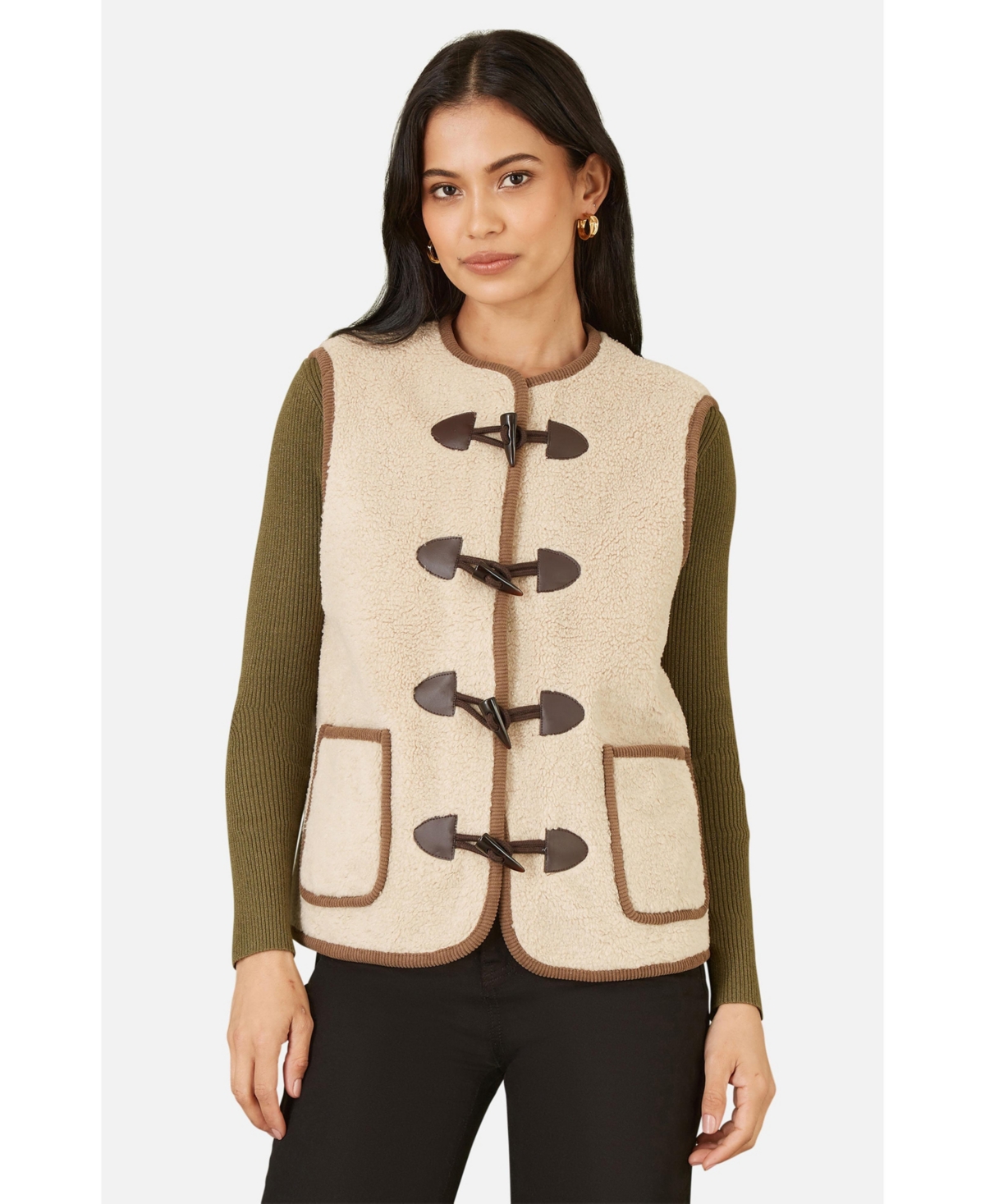 Click here for Yumi Womens Faux Leather Button Detail Gilet - Cre... prices