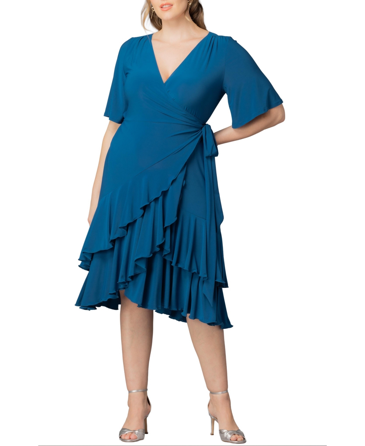 Click here for Kiyonna Plus Size Miranda Ruffle Wrap Dress - Aege... prices