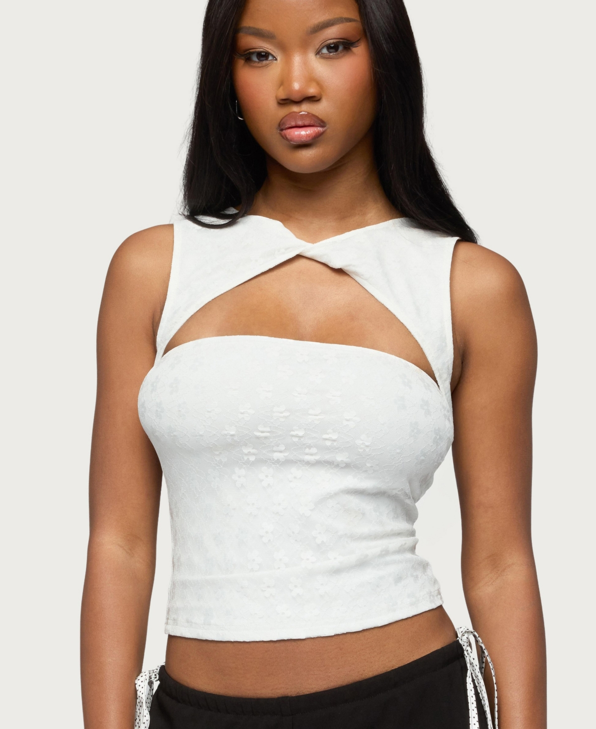 Click here for Edikted Womens Elisia Twist Cutout Flower Lace Top... prices