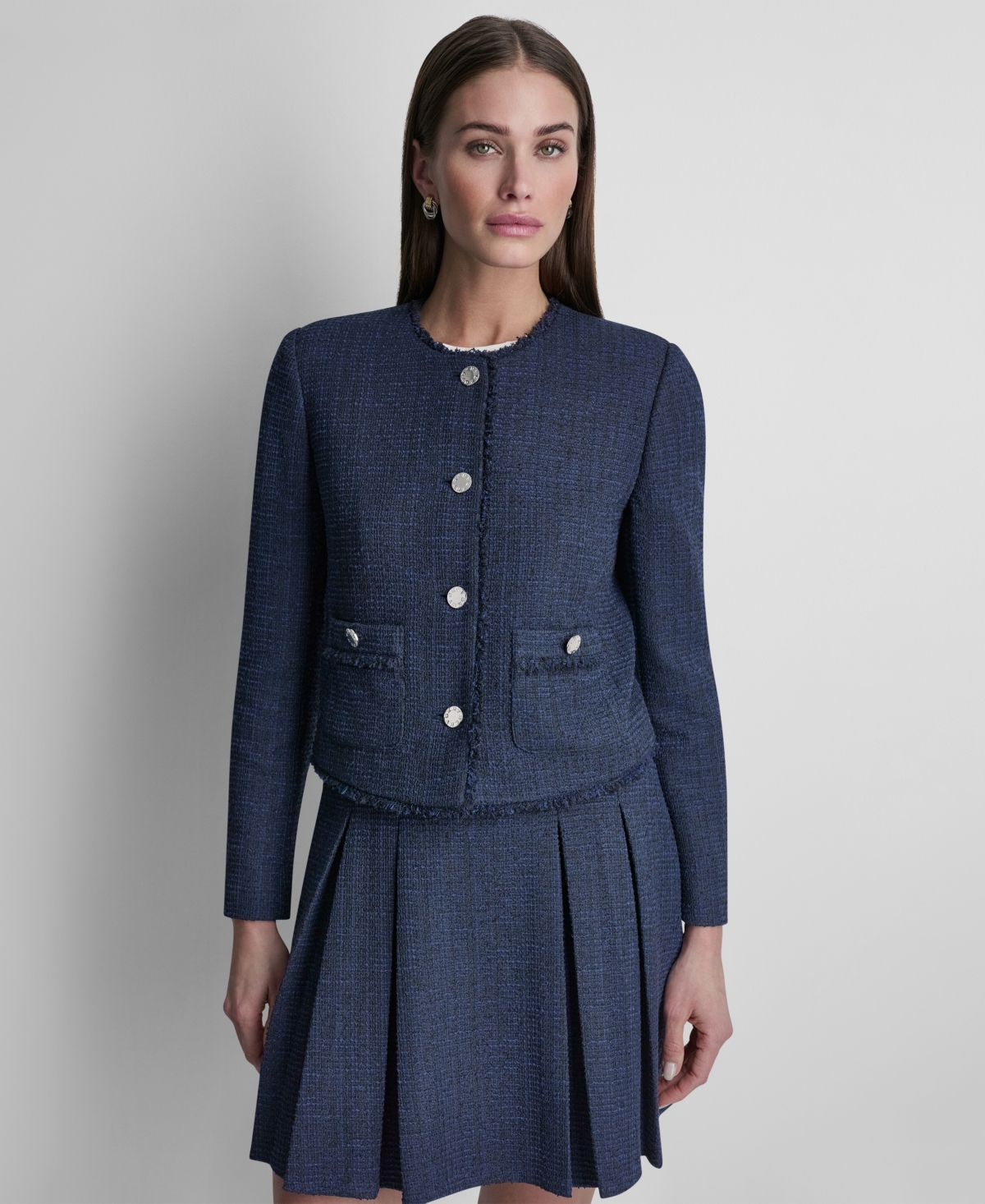 Click here for Dkny Womens Waffle Boucle Button-Front Cropped Jac... prices