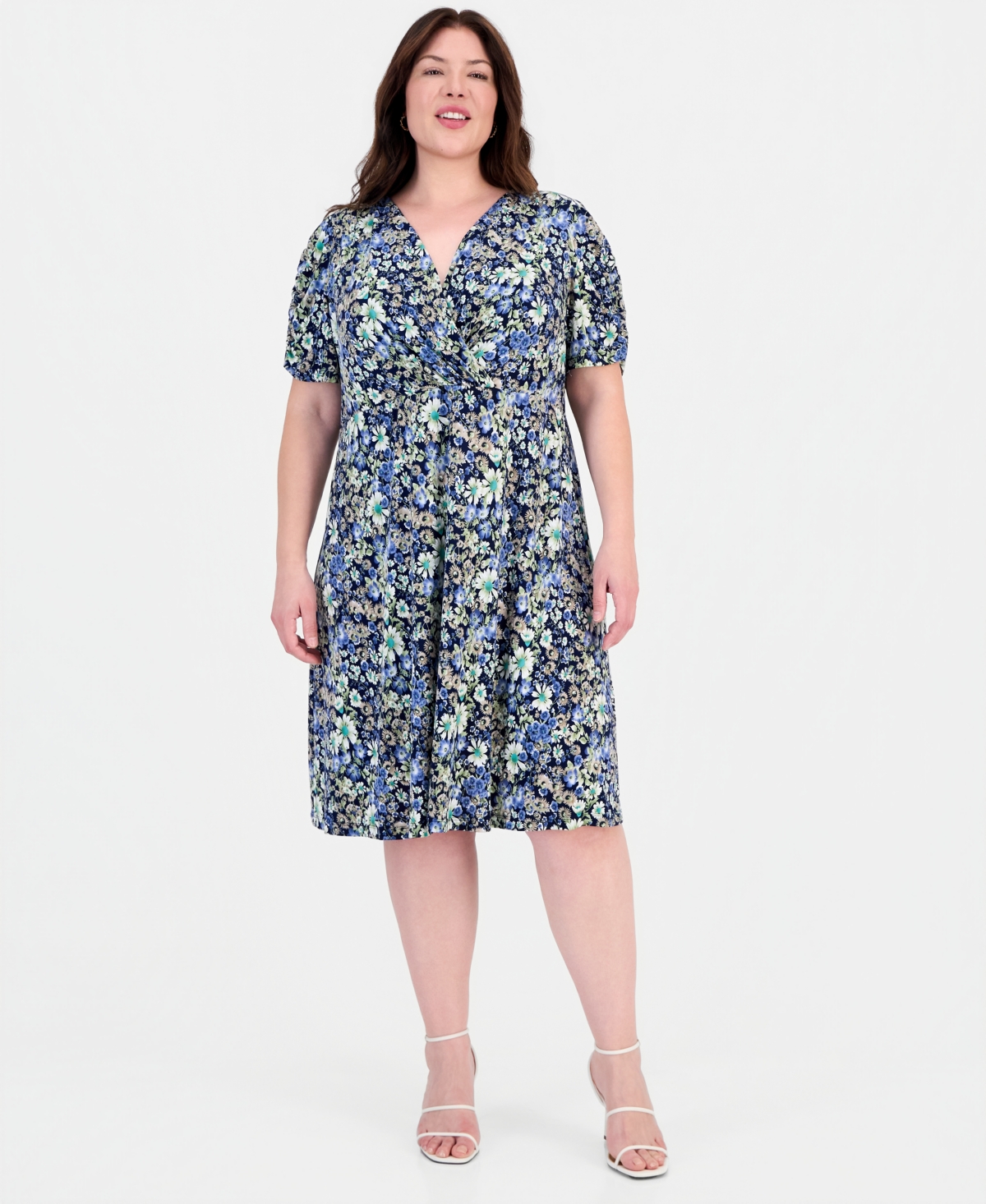 Click here for Connected Plus Size Surplice-Neck Short-Sleeve Dre... prices