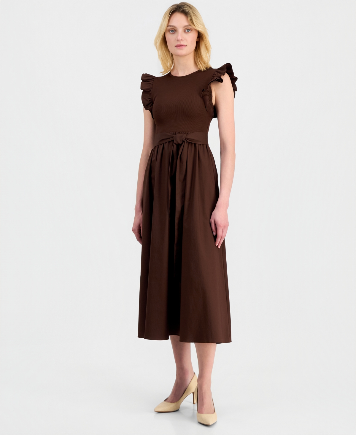 Click here for Anne Klein Womens Mixed Knit Woven Midi Dress - Da... prices