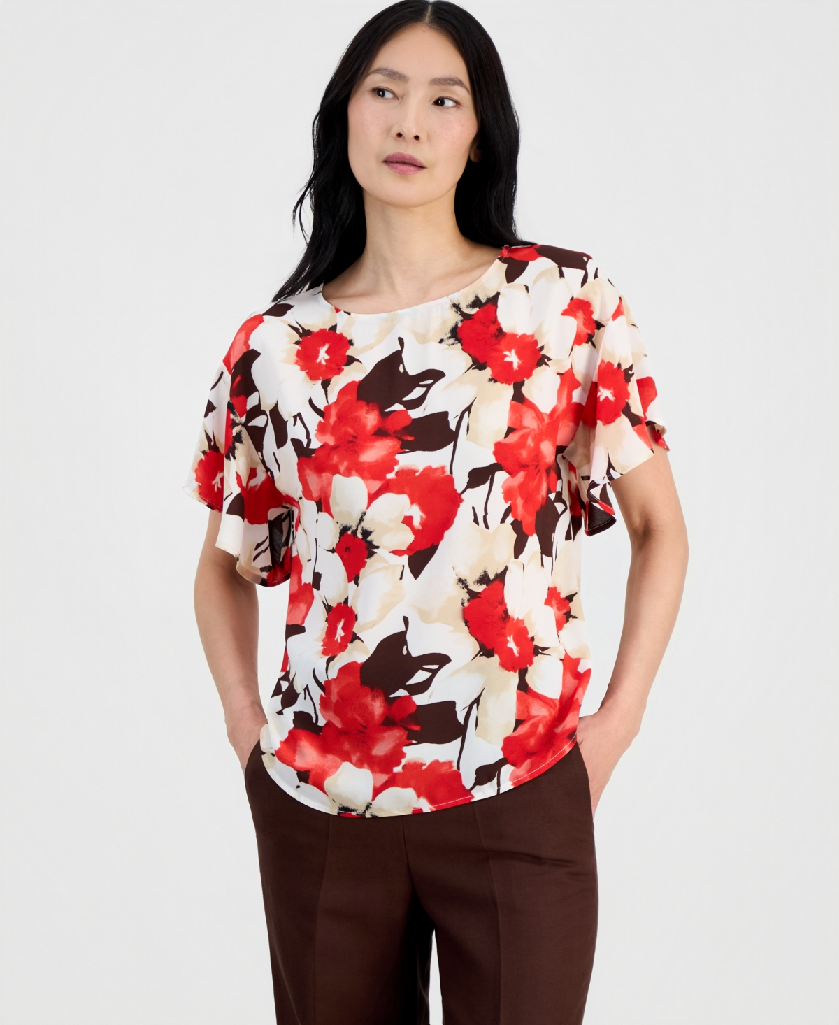 Click here for Anne Klein Womens Printed Flutter-Sleeve Top - Whi... prices
