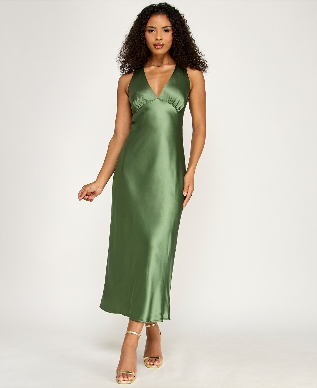 Click here for Emerald Sundae Juniors V-Neck A-Line Satin Midi Dr... prices