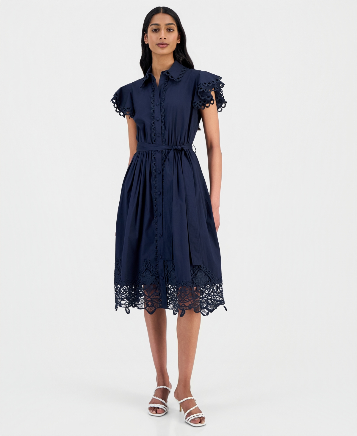 Click here for T Tahari Womens Lace-Trim Flutter-Sleeve Shirtdres... prices