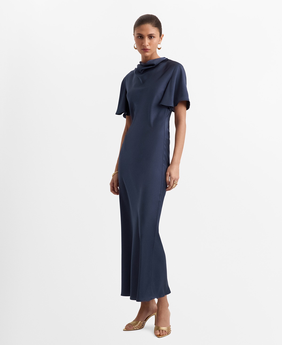 Click here for Mango Womens Draped Neck Long Dress - Petrol Blue prices