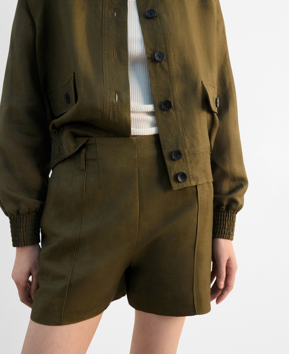 Click here for Mango Womens High-Waist Linen Shorts - Khaki prices