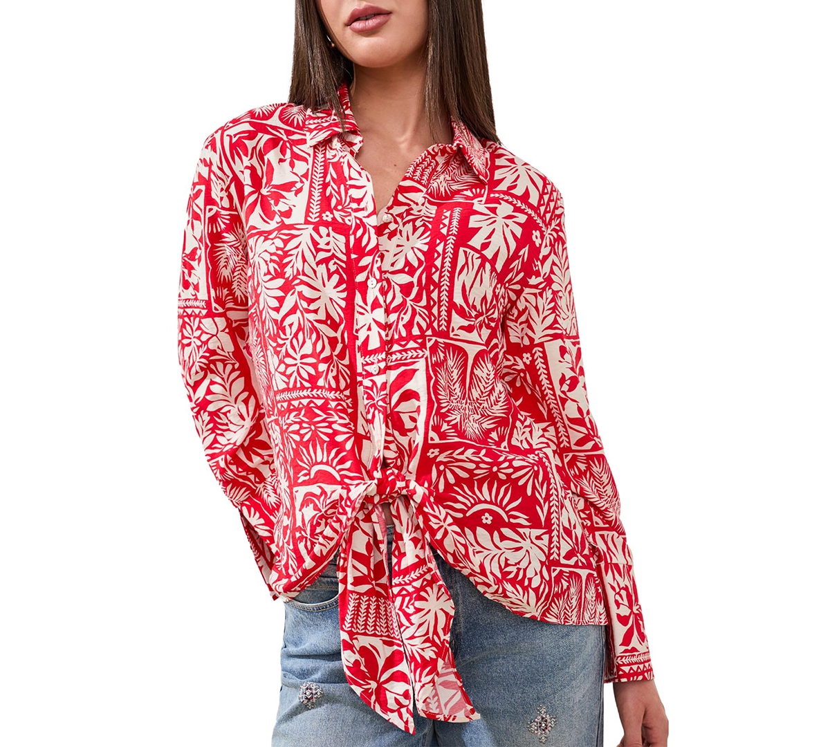 Click here for Tribal Womens Printed Tie-Front Blouse - Sangria prices